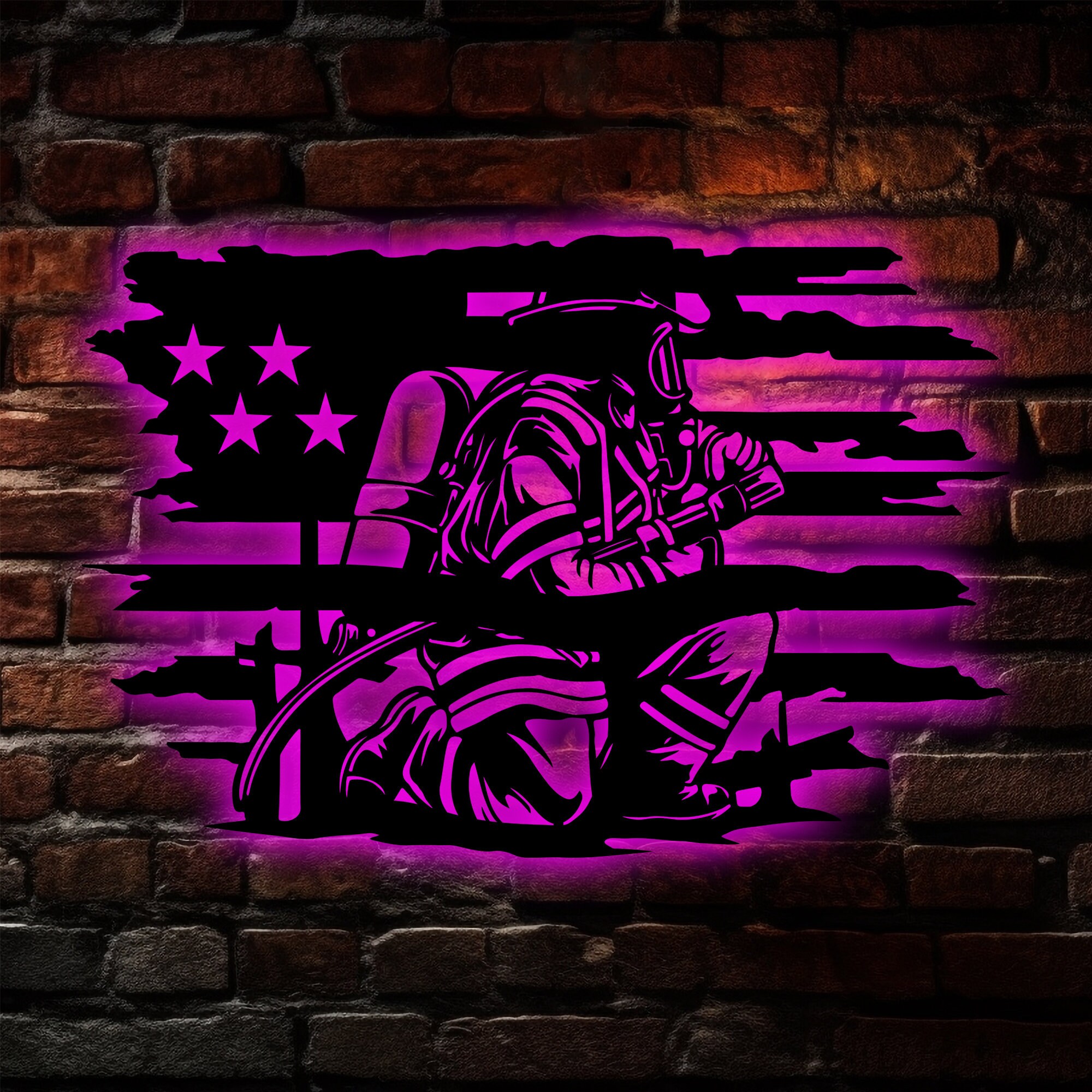 American Firefighter Sign With LED Light, USA Flag and Fireman Wall ...