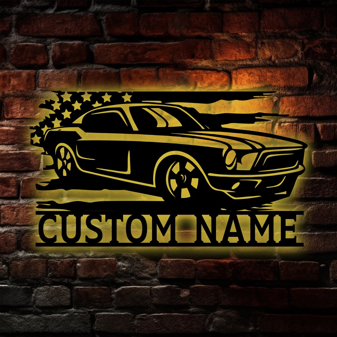 Custom Name Car Metal Wall Art LED Light, Car Metal Wall Art, Garage ...
