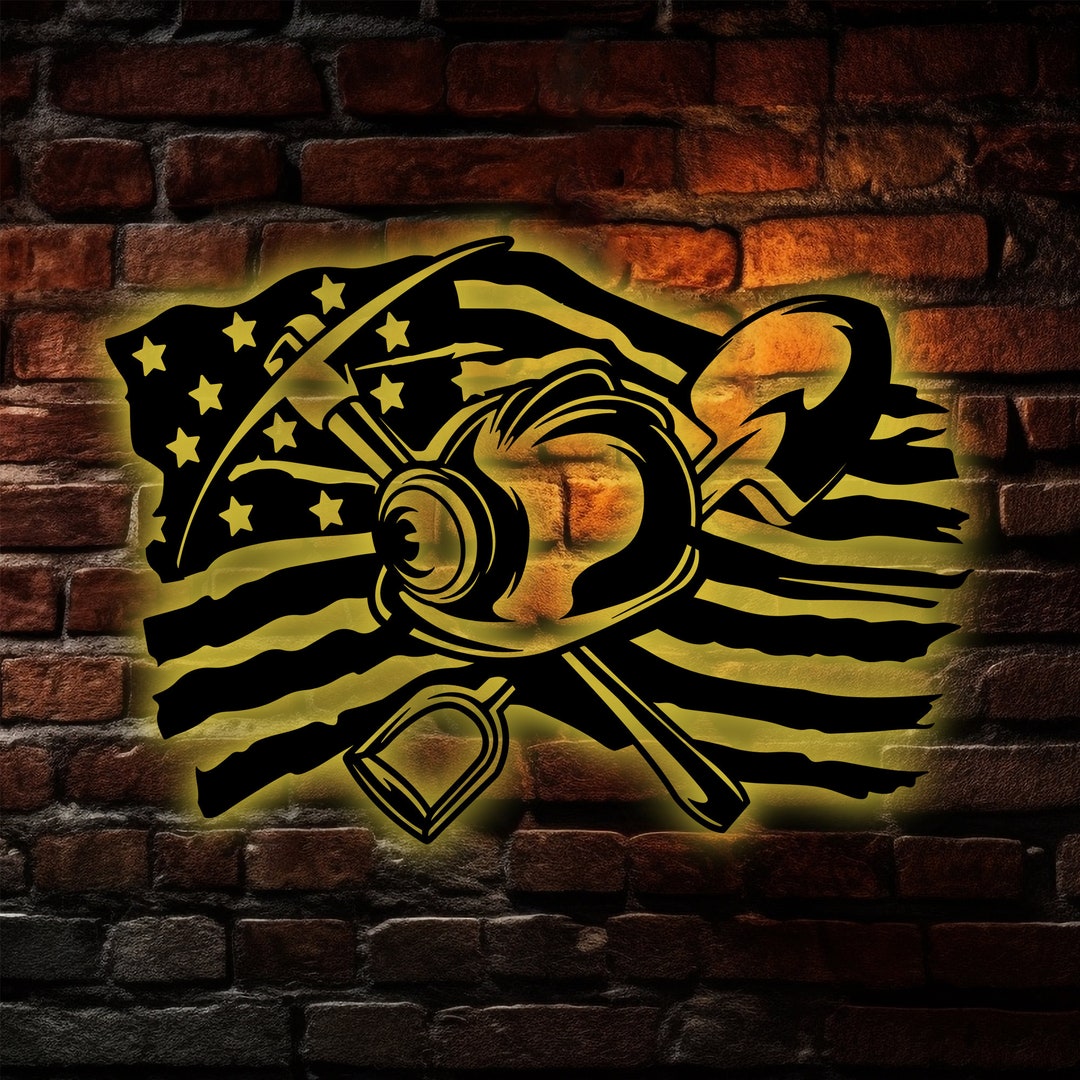 US Flag and Mining Metal Wall Decor LED Light, Fireman Wall Hanging ...