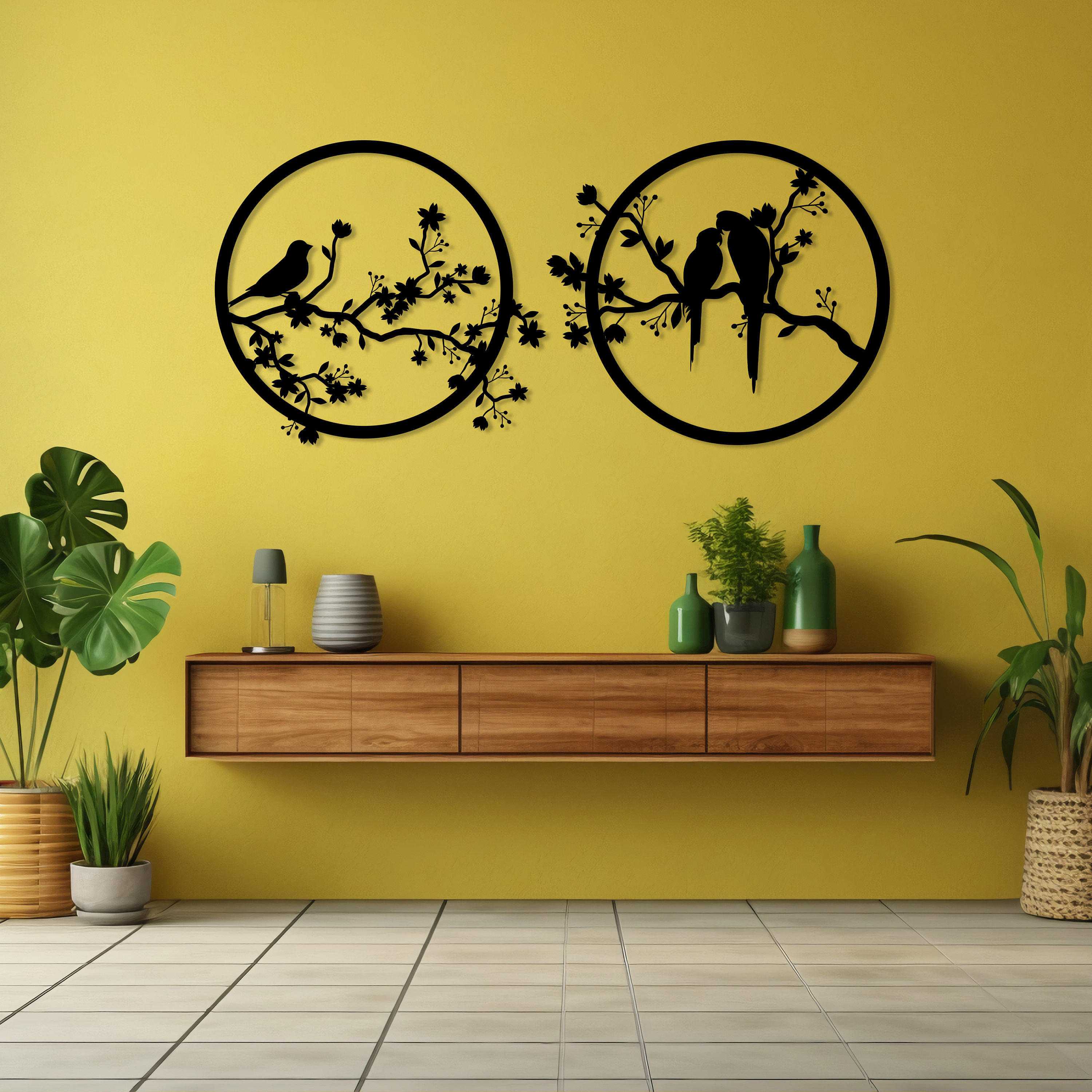 Birds Metal Wall Decors, 2 Pieces Birds Decor, Birds on Branch Metal ...