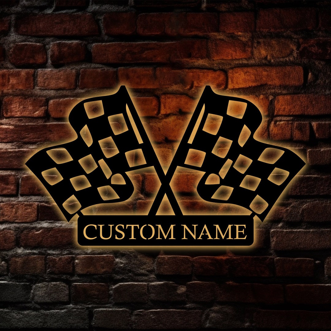 Custom Racing Flag Metal Wall Art LED Light, Start Finish Line Sign ...