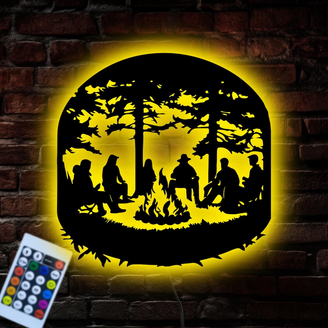 Camping Metal Wall Art LED Light, Nature Led Art, Campfire Wall Art ...