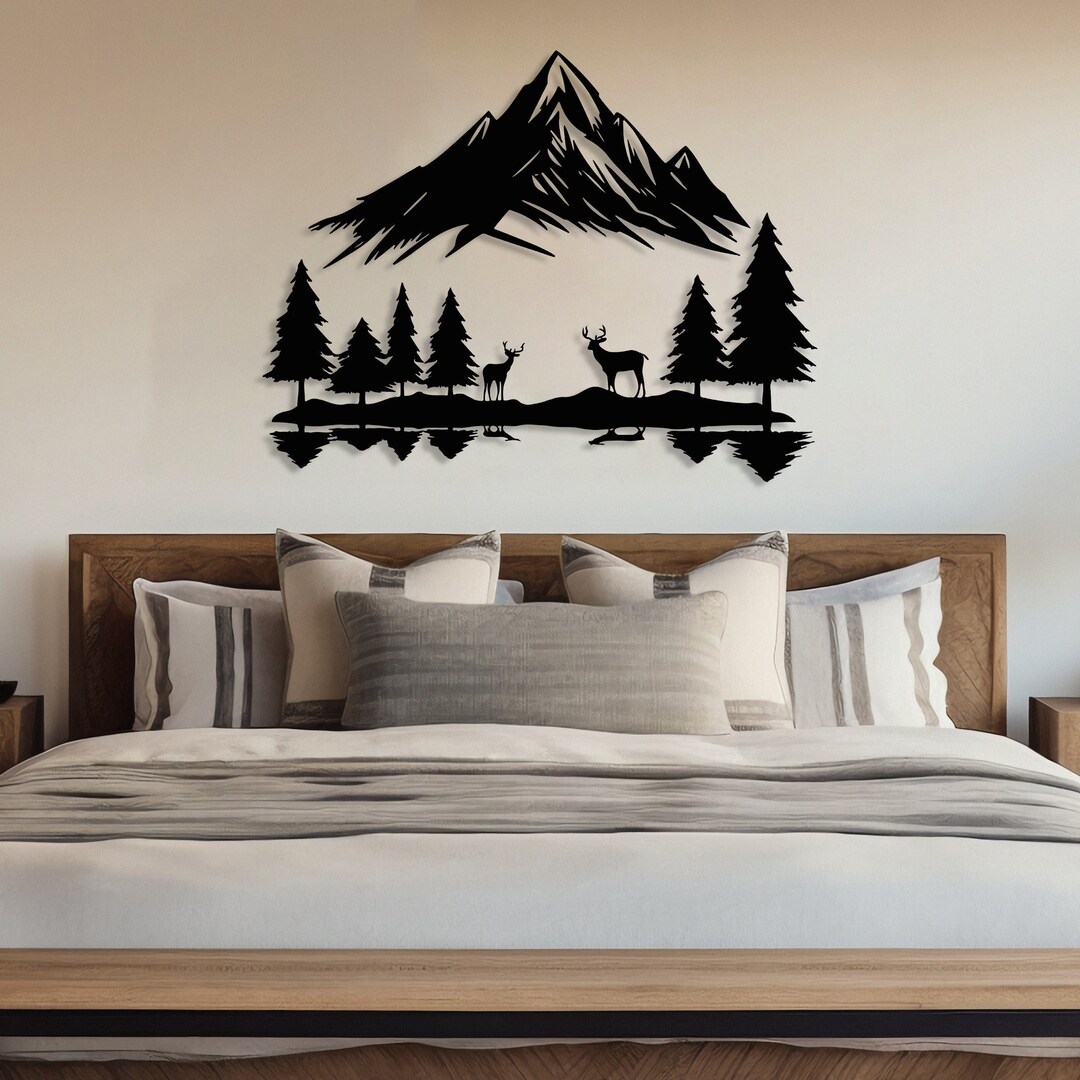 Mountain Forest and Deers Metal Wall Art, Hill Reflection Wall Sign ...