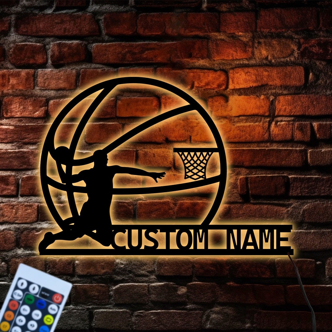 Custom Basketball Name Metal LED Wall Decor, Personalized Name Sign ...