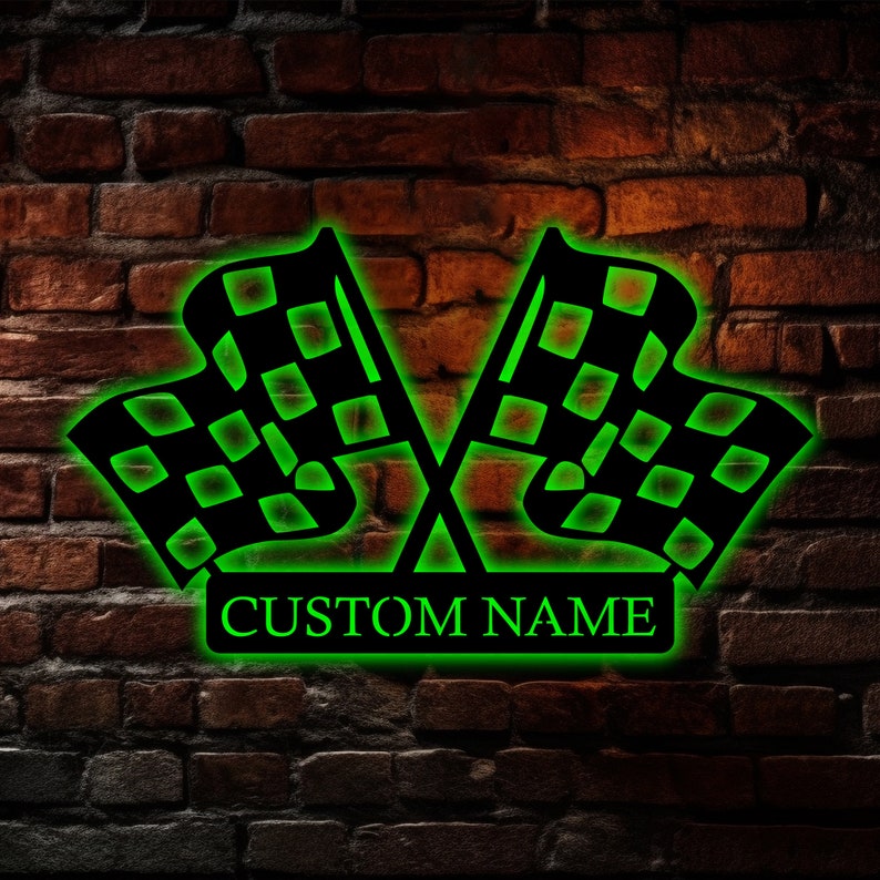 Custom Racing Flag Metal Wall Art LED Light, Start Finish Line Sign, Personalized Racer Name ...