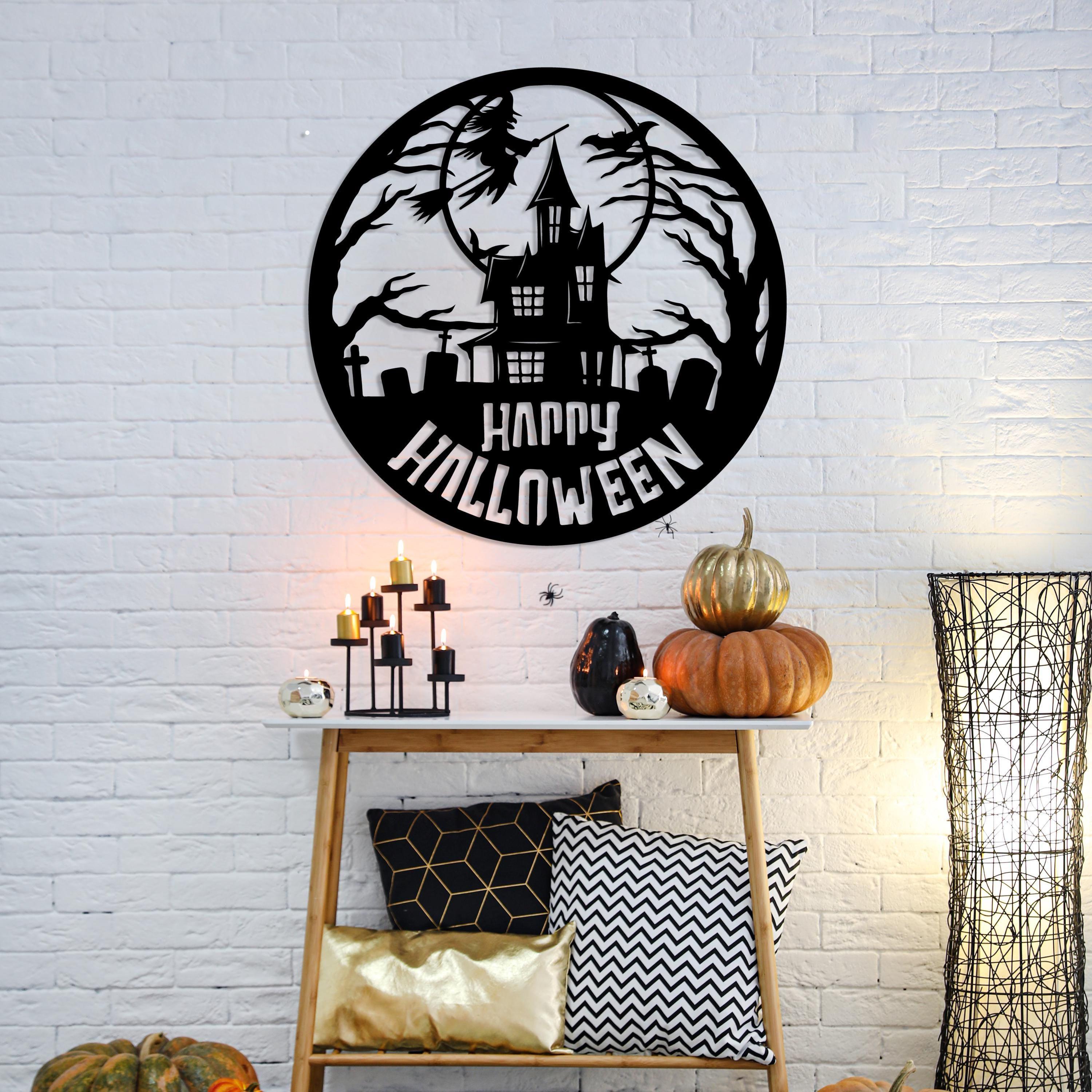 Happy Halloween Metal Wall Art, Halloween Decorations, Witch Sign ...