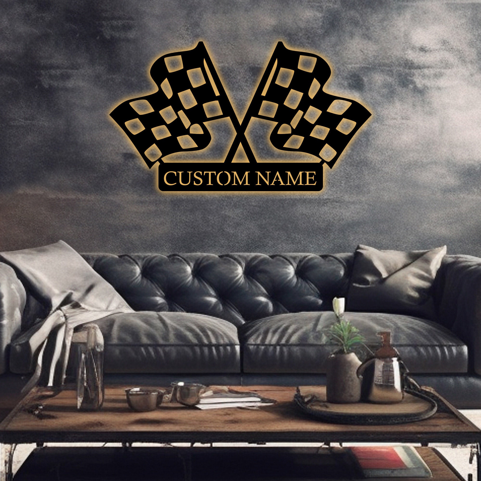 Custom Racing Flag Metal Wall Art LED Light, Start Finish Line Sign ...
