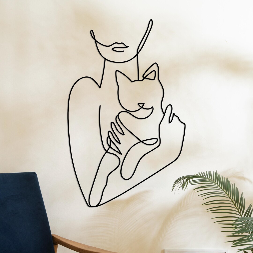 Women With Cat Line Art Metal Wall Art, Cat Holder Decor, Cat and Woman ...