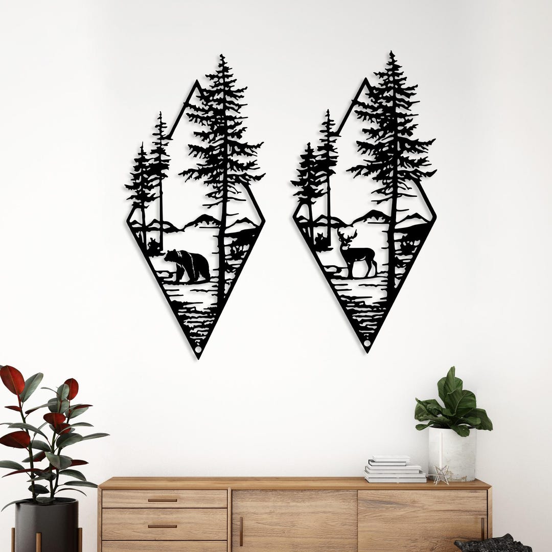 Metal Bear and Deer in Forest Metal Wall Art, Nature Forest Metal Art ...