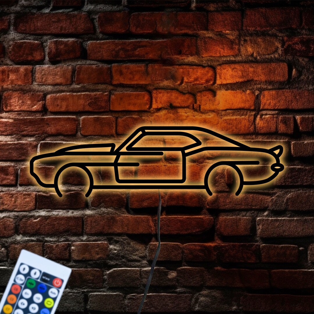 Classic Car Metal Wall Decor LED Sign, Car Sideview Sign, Muscle Car ...