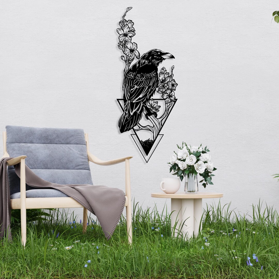 Raven Metal Wall Art, Gothic Bird Wall Decor, Crow Floral Cutout ...