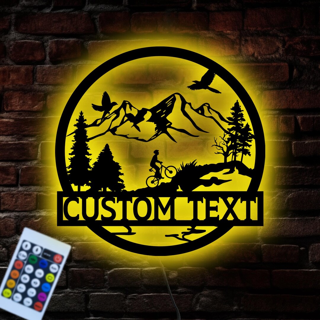 Custom Mountain Metal Wall Art LED Sign, Personalized Biker Name Sign ...