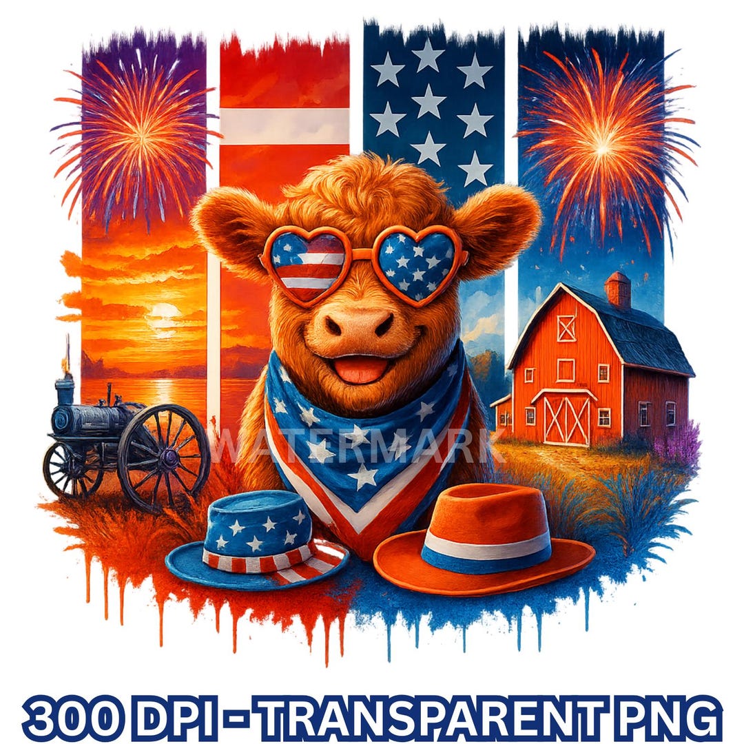 Patriotic Highland Cow PNG 4th of July Farmhouse Sublimation Design USA ...