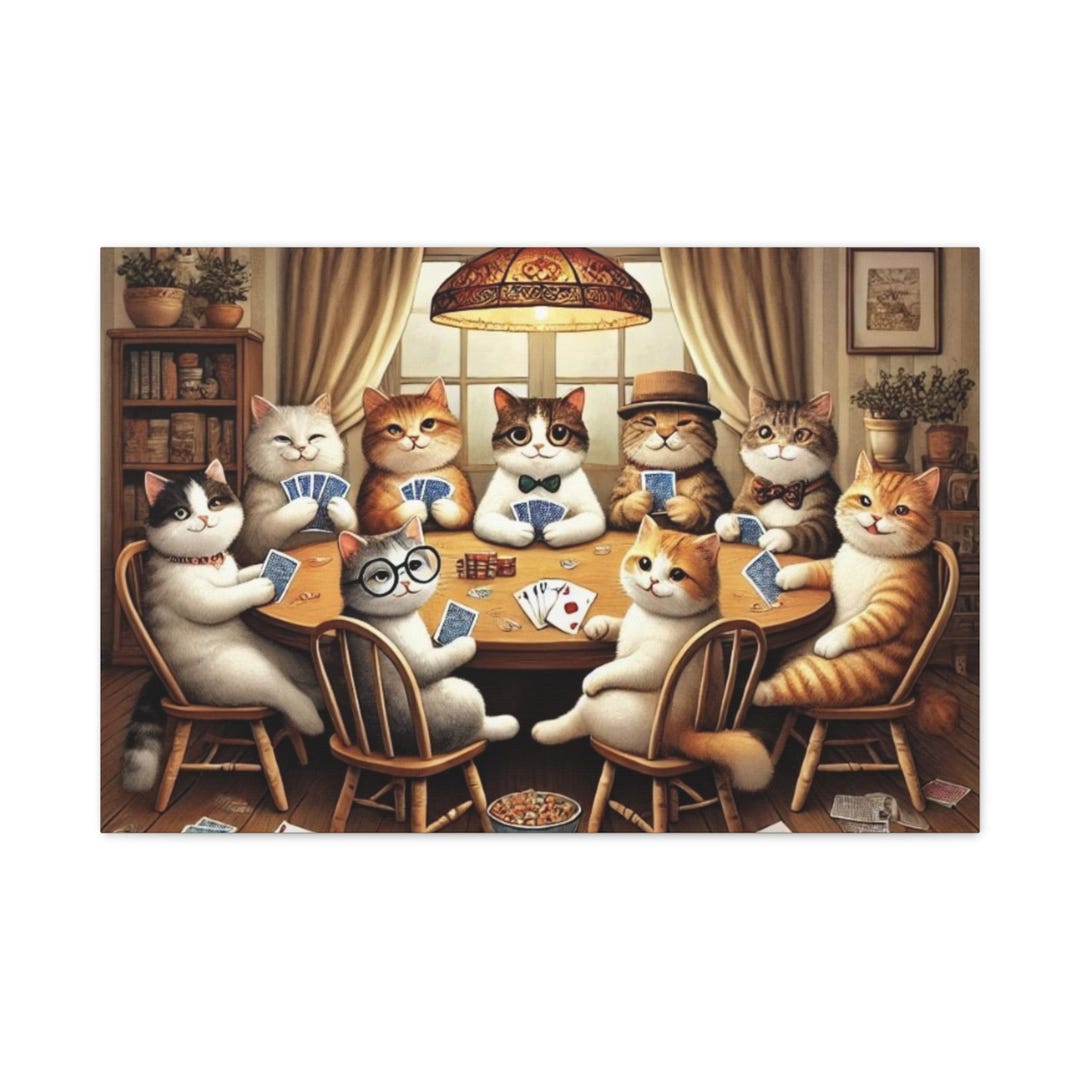 Funny Cat Art Cats Playing Cards Digital Art Cozy Cat Game Night Wall ...