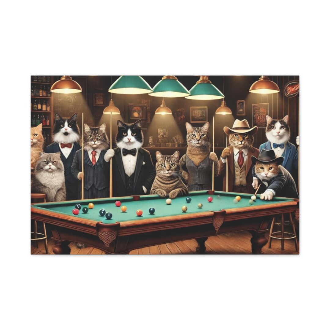 Cats Playing Pool Digital Art Funny Cat Bar Scene Wall Art Download ...