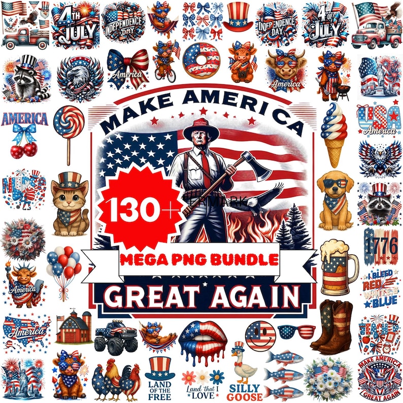 Independence Day Clipart Bundle PNG, 130+ July 4th Patriotic USA Flag ...