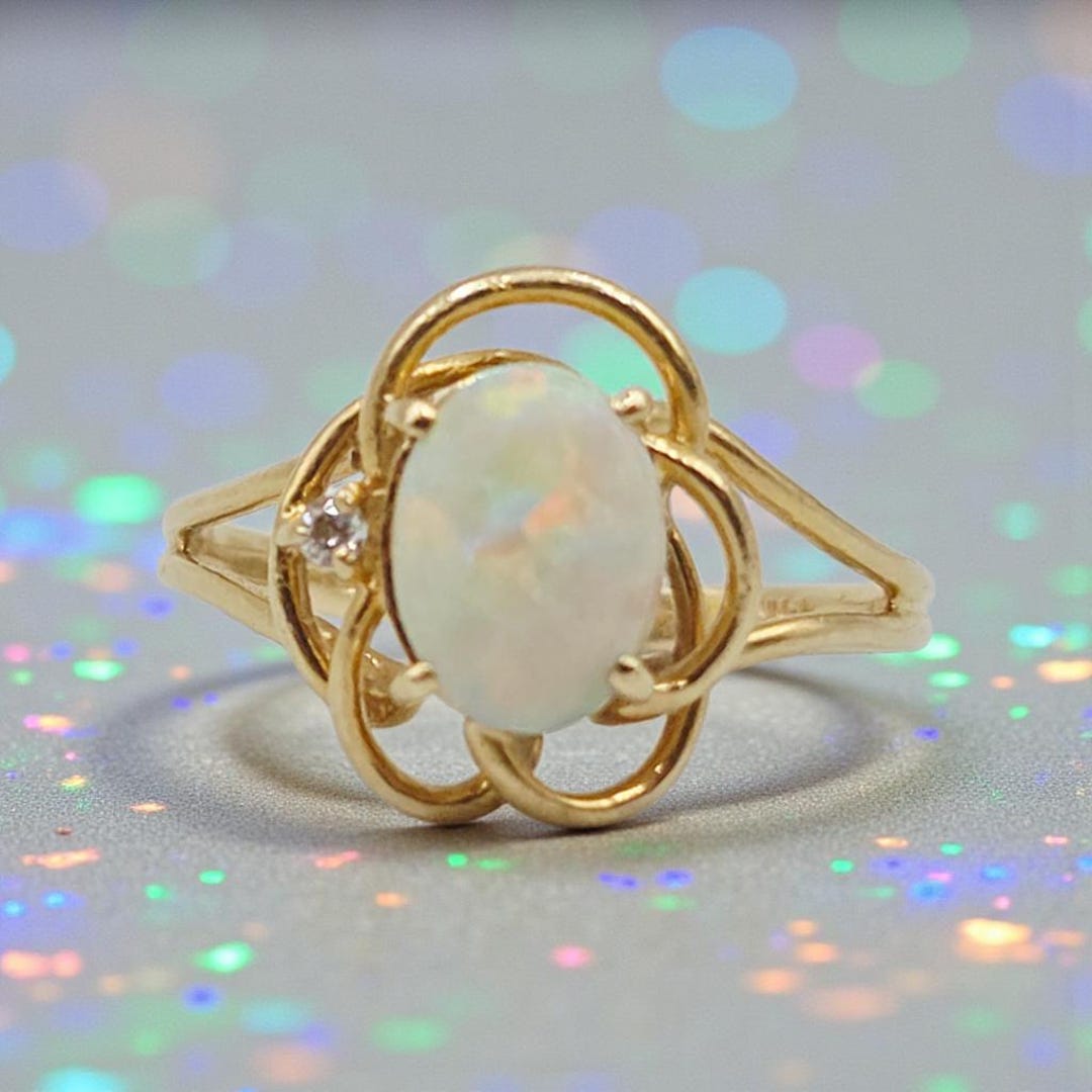 Solid 14KP Yellow Gold Ring With Opal and Diamond Accent – Size 8.25 - Etsy