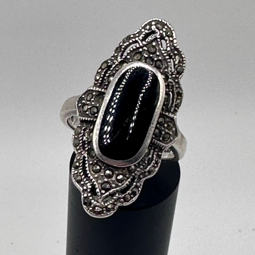 Vintage Style Sterling Silver With Black Stone Ring Size 8 - Etsy