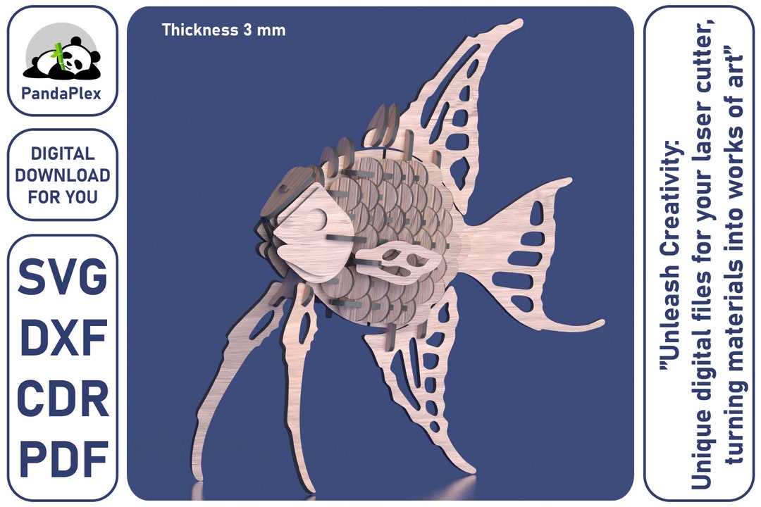 3D Angel Fish Laser Cut File, 3D Puzzle Vector CNC Files, Wood and ...