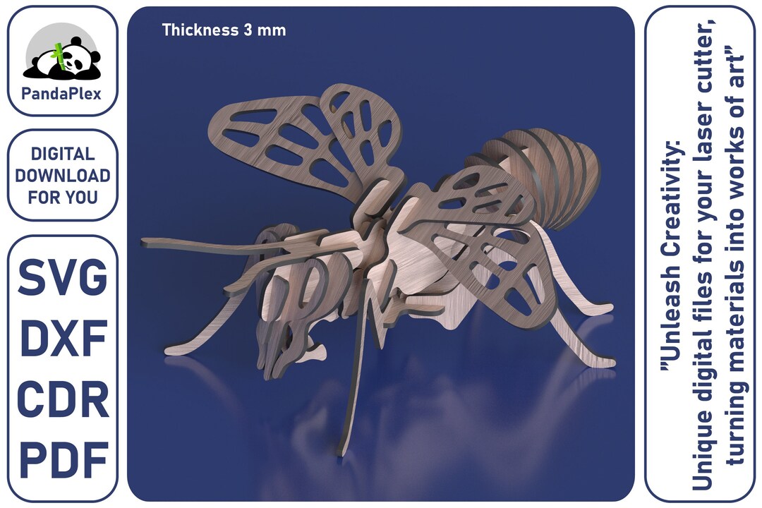 3D Bee Laser Cut File, 3D Puzzle Vector CNC Files, Wood and Steel ...