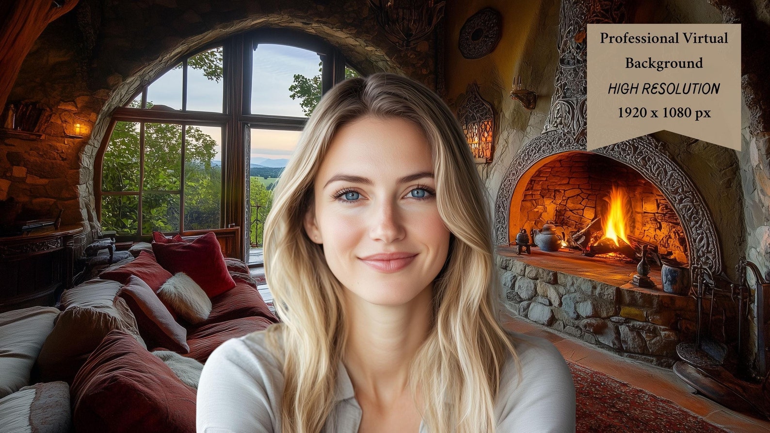 Cozy Castle Zoom Background, Rustic Living Room Meeting, Home Office ...