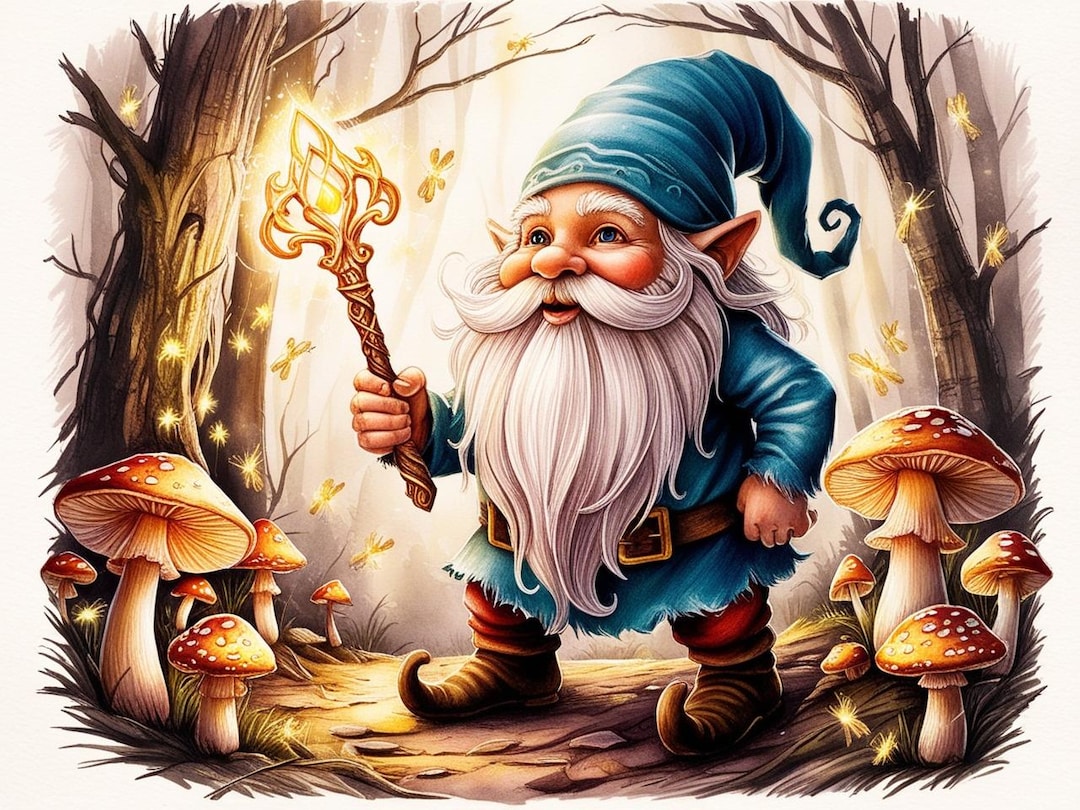 Mystical Forest Gnome Digital Art Print | Watercolor Fantasy ...
