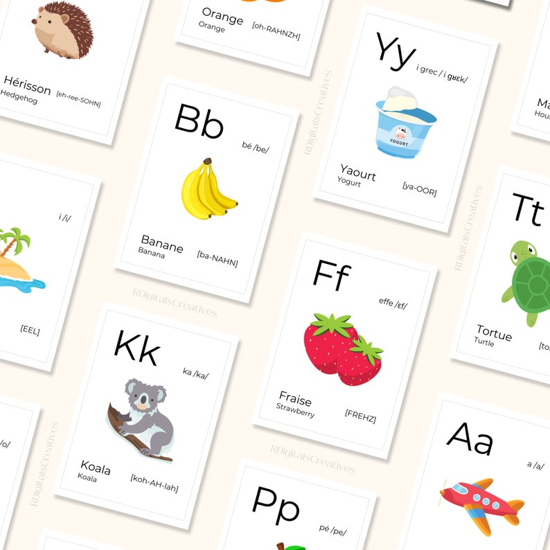 French Alphabet Flashcards for Kids and Beginners English Translation ...
