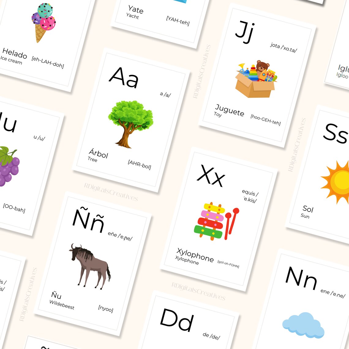 Spanish Alphabet Flashcards for Kids and Beginners English Translation ...