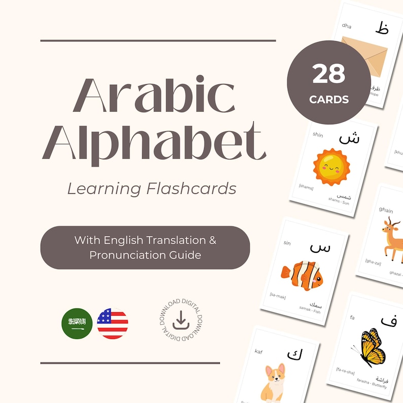 Arabic Alphabet Flashcards for Kids and Beginners English Translation ...