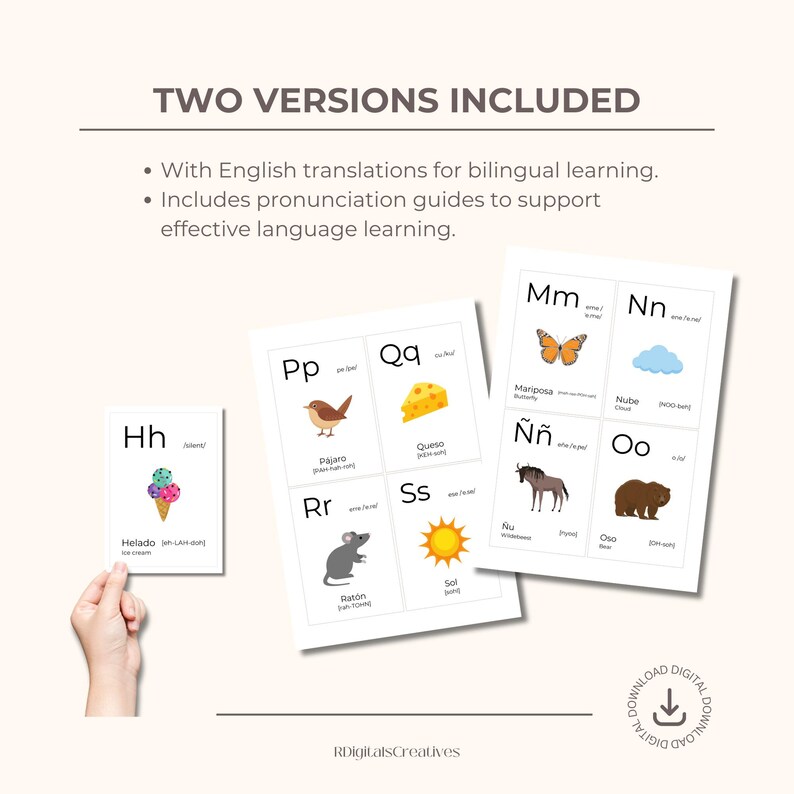 Spanish Alphabet Flashcards for Kids and Beginners English Translation ...