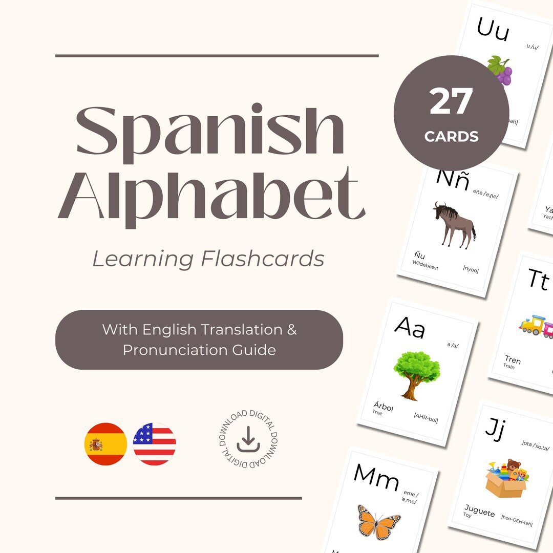 Spanish Alphabet Flashcards for Kids and Beginners English Translation ...