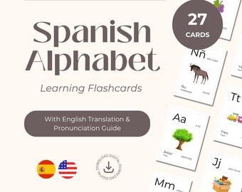 Spanish Alphabet Flashcards for Kids and Beginners English Translation ...