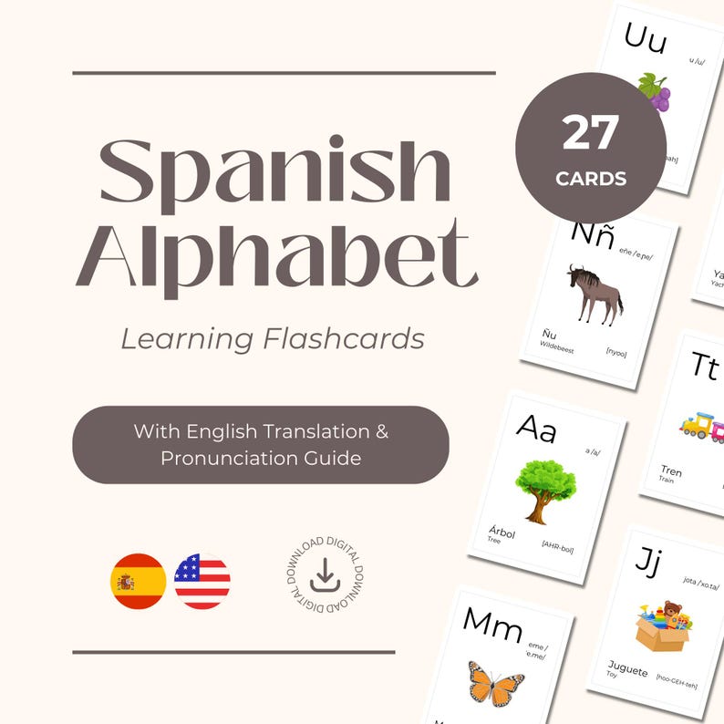 Spanish Alphabet Flashcards for Kids and Beginners English Translation ...