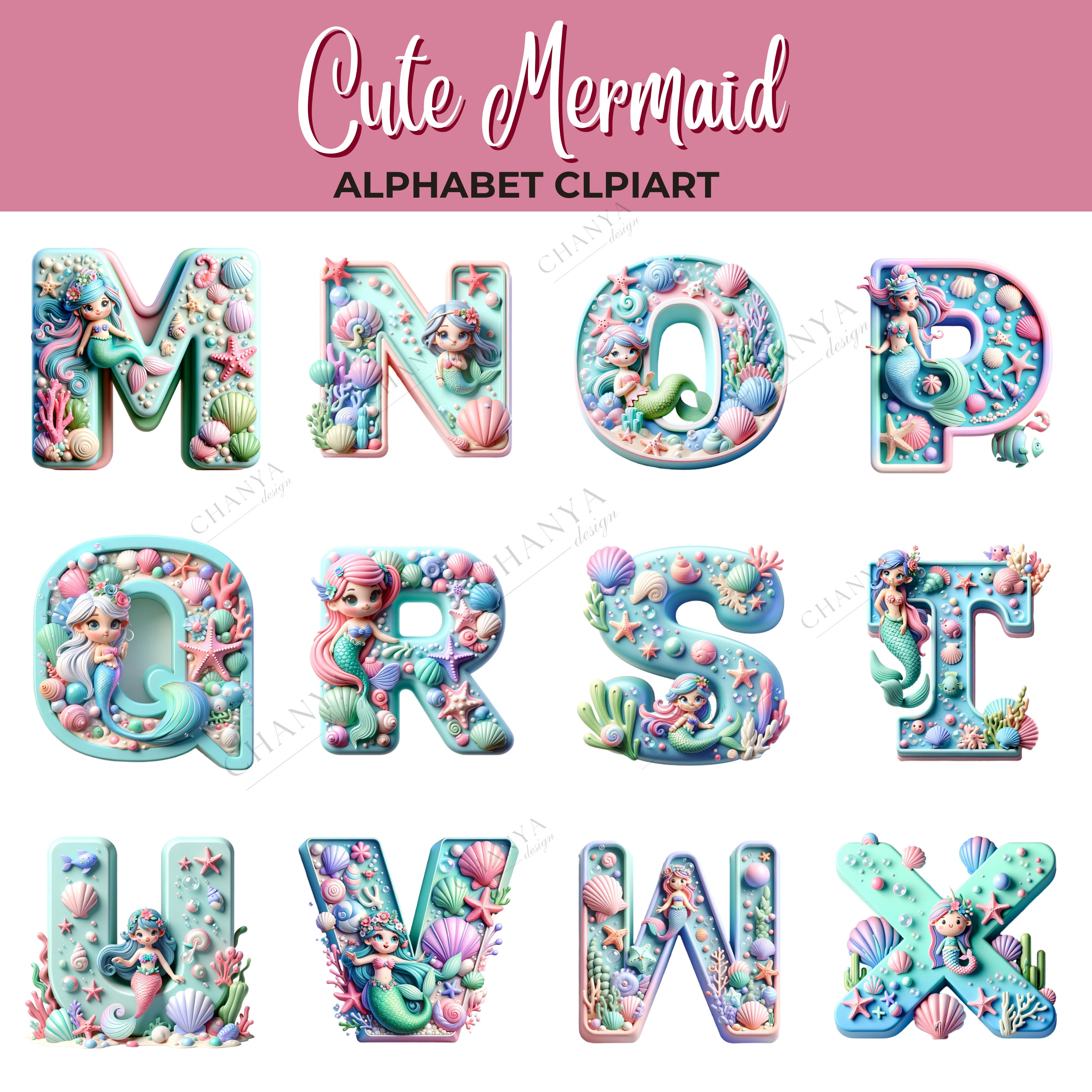 Cute Mermaid Alphabet, 3D Alphabet Clipart, Mermaid Png, Baby Shower ...