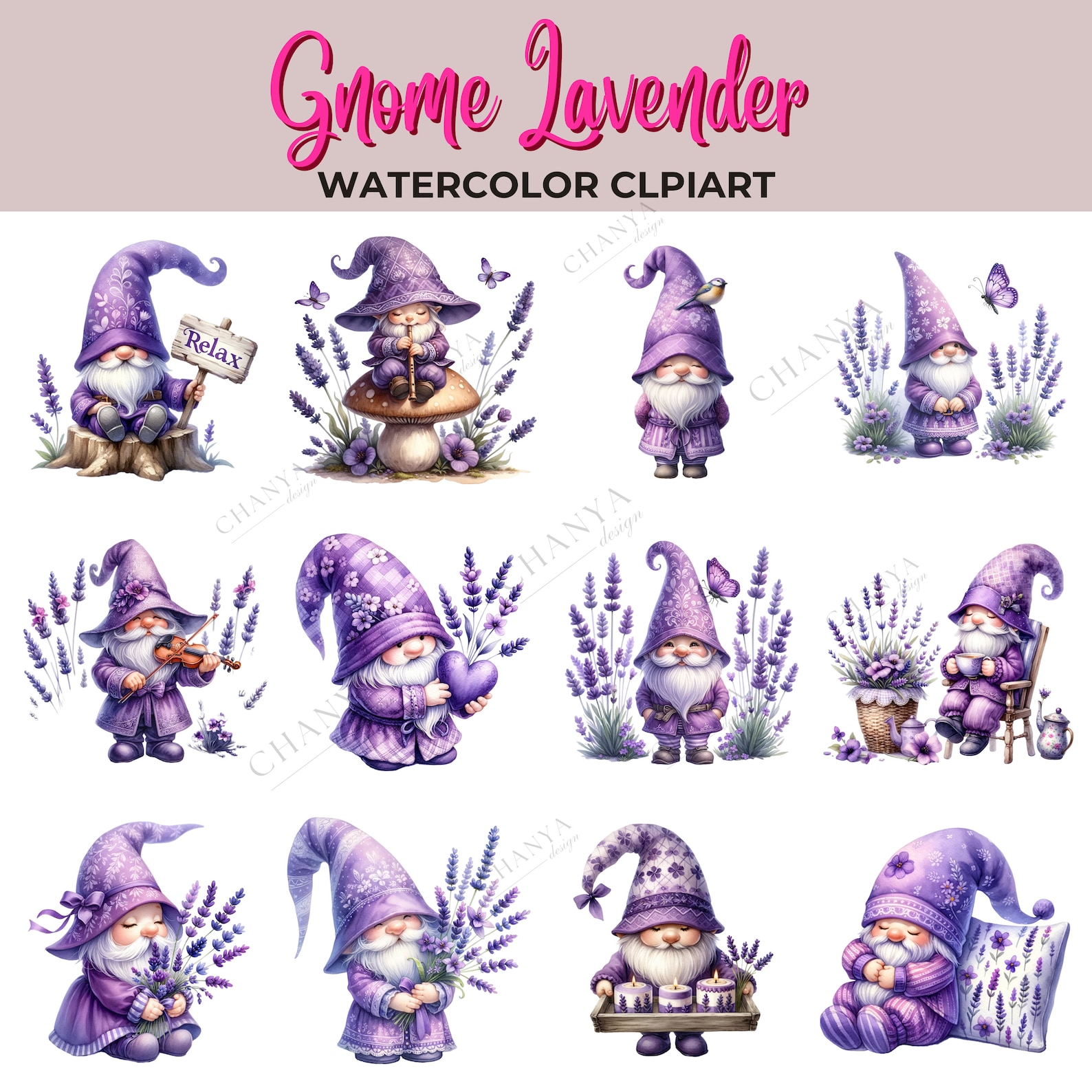 Gnome Lavender Watercolor Clipart, Gnome Violet Png,spring Bundle ...