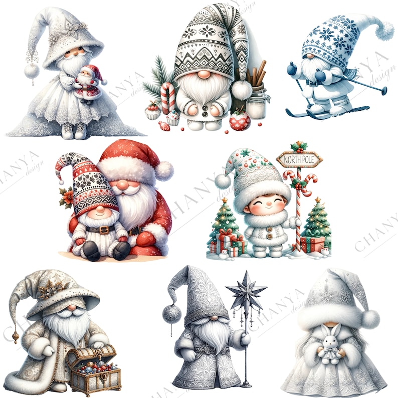 Watercolor White Christmas Gnomes Clipart, Christmas Graphics, Festive ...