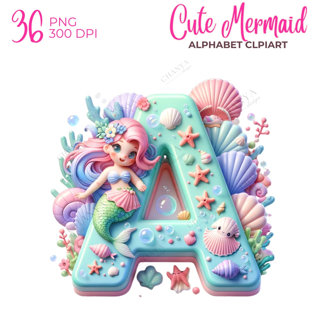 Cute Mermaid Alphabet, 3D Alphabet Clipart, Mermaid Png, Baby Shower ...