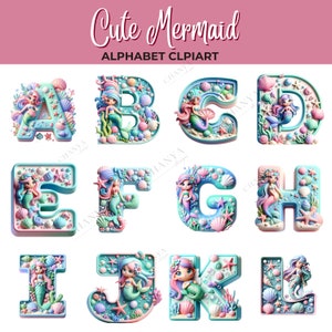 Cute Mermaid Alphabet, 3D Alphabet Clipart, Mermaid Png, Baby Shower ...