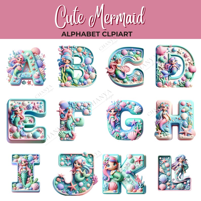 Cute Mermaid Alphabet, 3D Alphabet Clipart, Mermaid Png, Baby Shower ...