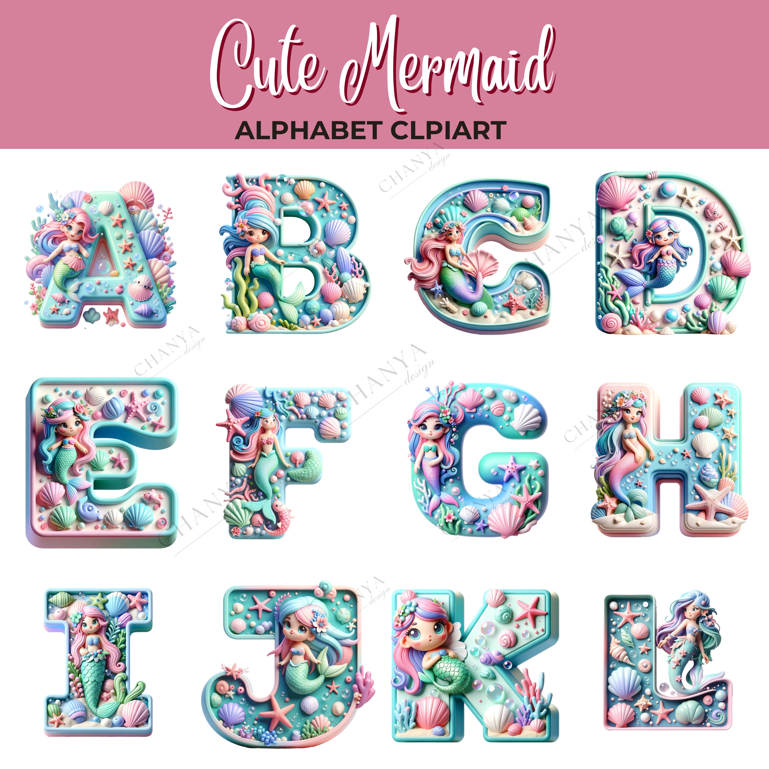 Cute Mermaid Alphabet, 3D Alphabet Clipart, Mermaid Png, Baby Shower ...