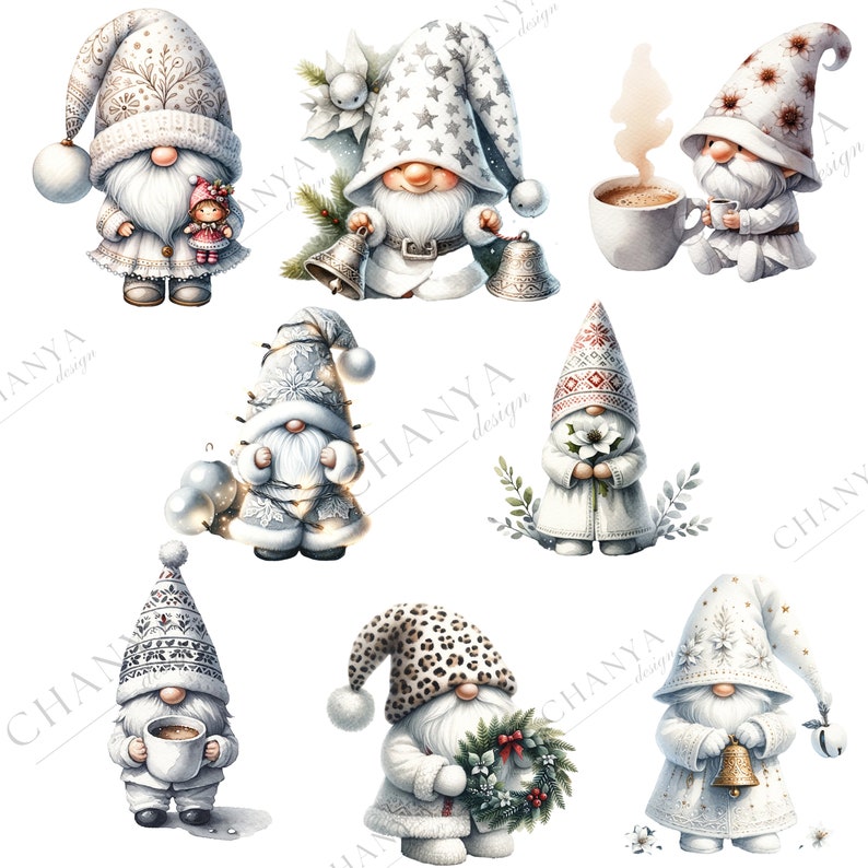 Watercolor White Christmas Gnomes Clipart, Christmas Graphics, Festive ...