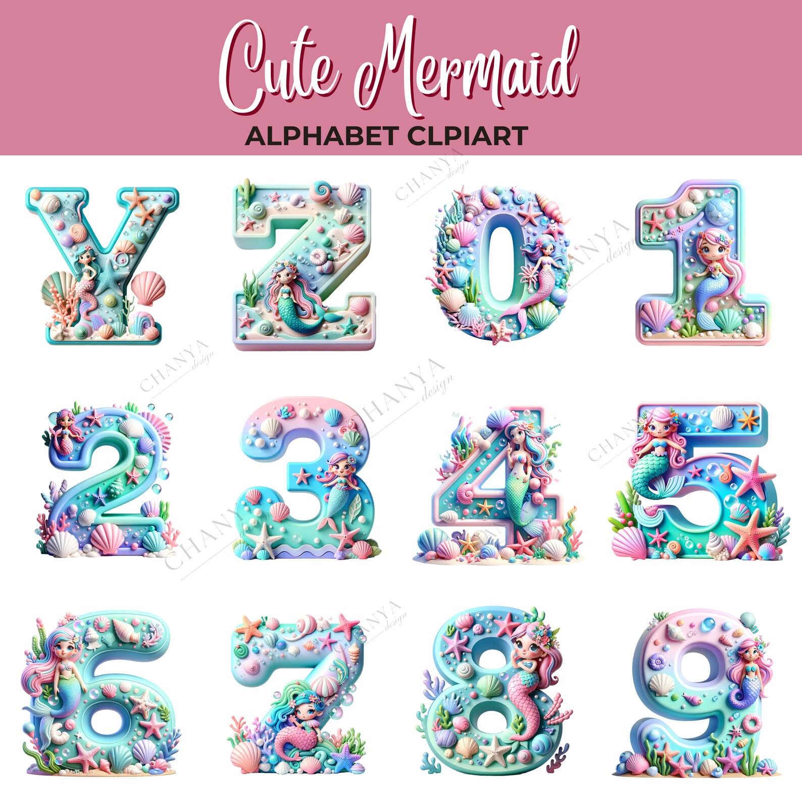 Cute Mermaid Alphabet, 3D Alphabet Clipart, Mermaid Png, Baby Shower ...