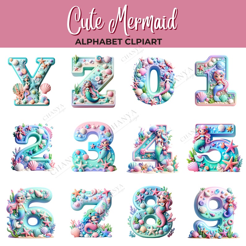Cute Mermaid Alphabet, 3D Alphabet Clipart, Mermaid Png, Baby Shower ...
