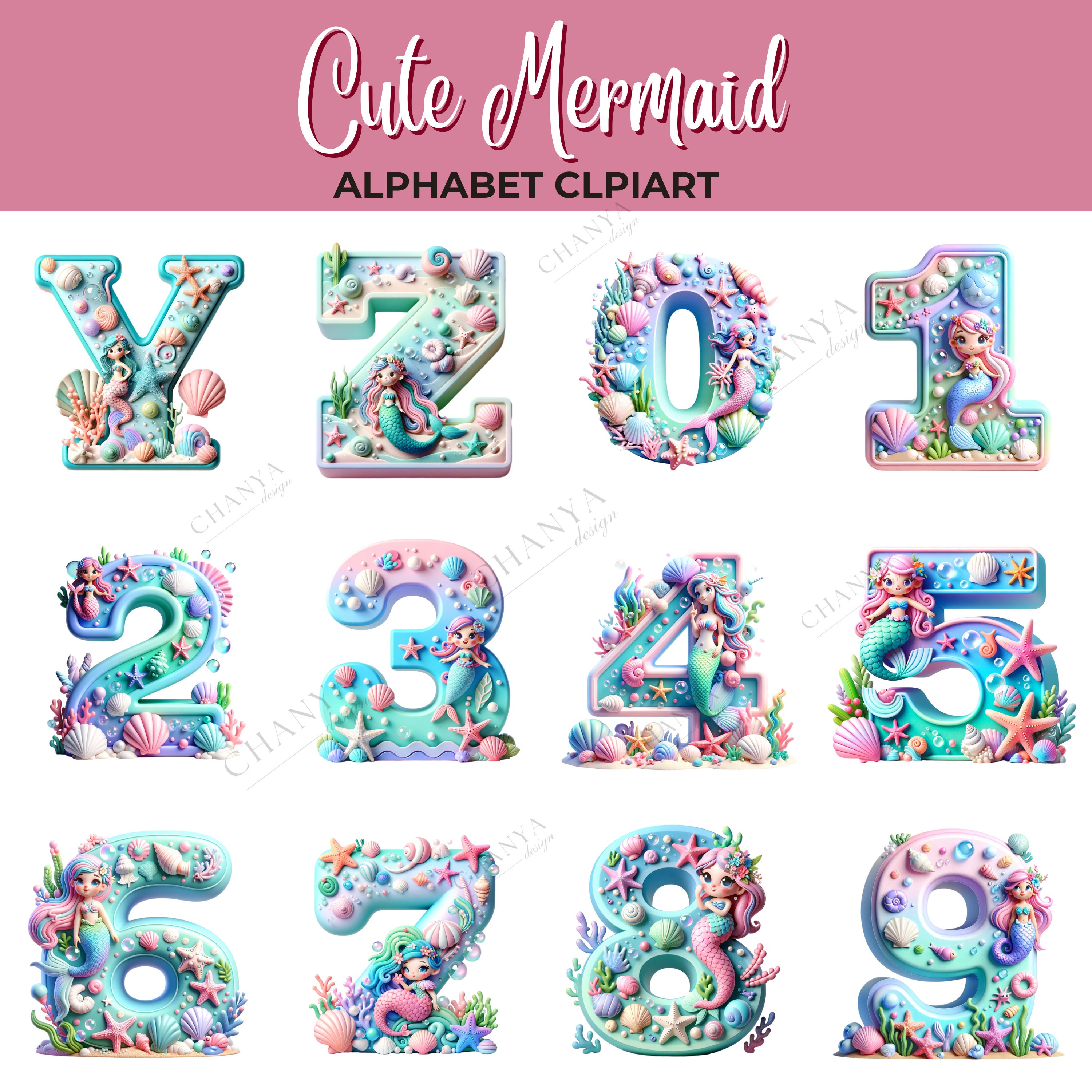 Cute Mermaid Alphabet, 3D Alphabet Clipart, Mermaid Png, Baby Shower ...