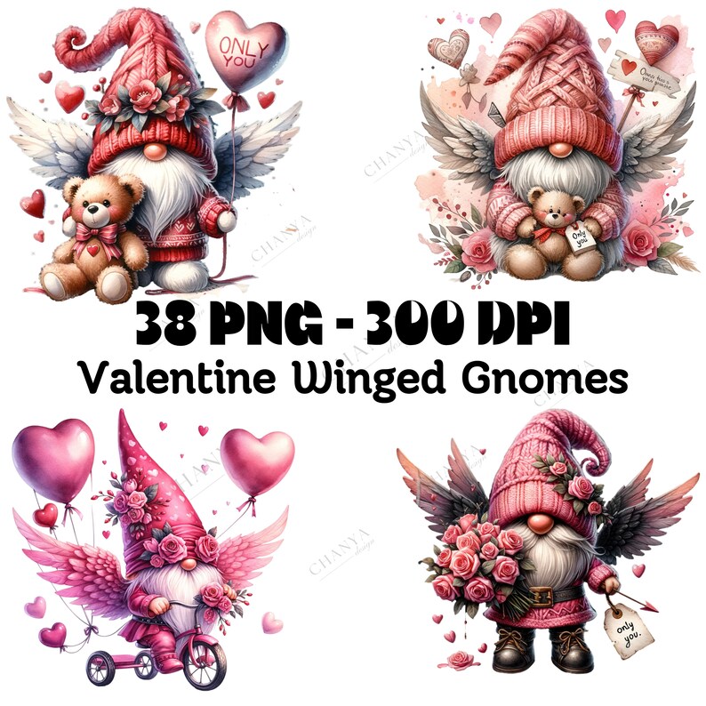 Valentine Gnomes Clipart, Gnome PNG Designs, Fantasy Clipart PNG, Cupid ...