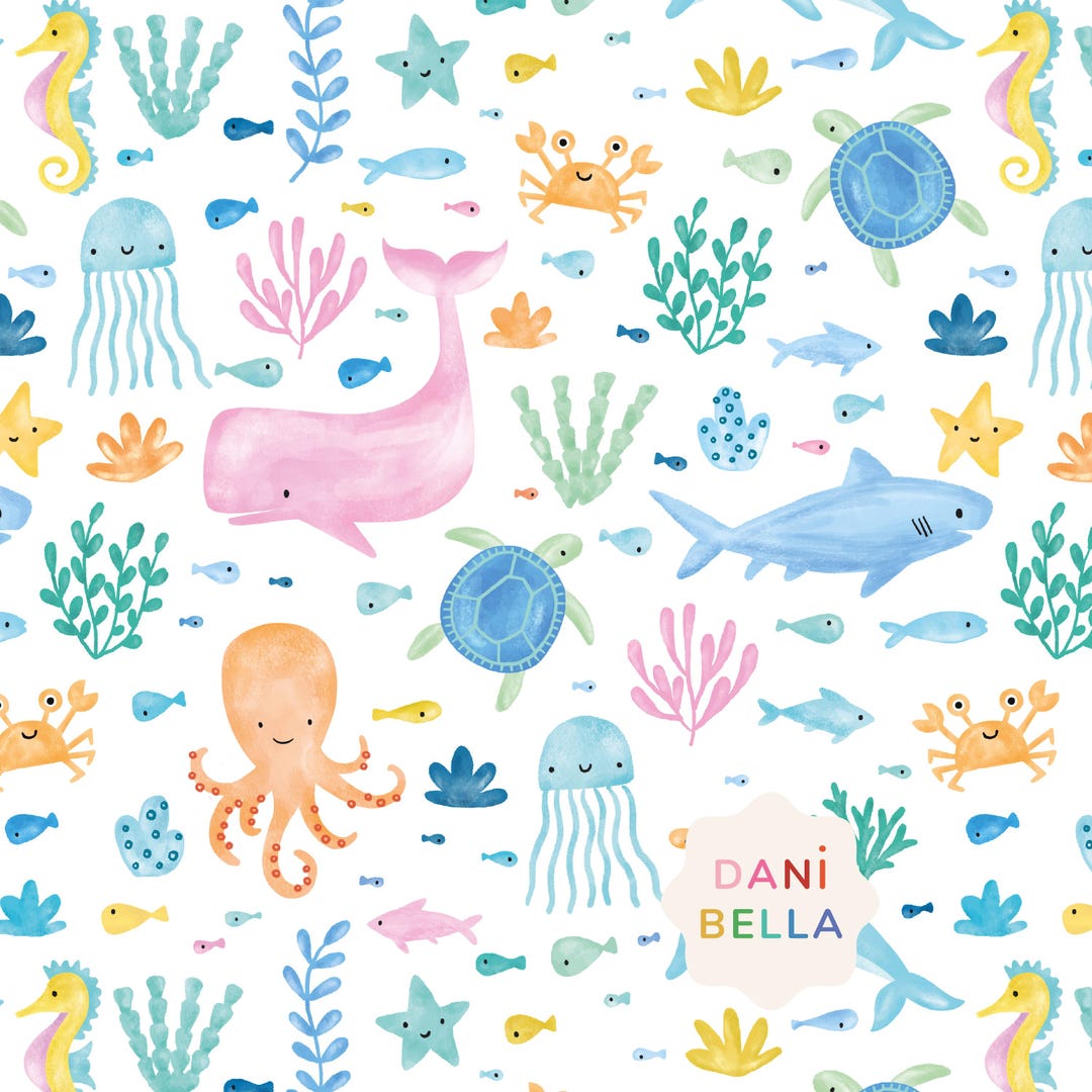 Sea Life Seamless Pattern, Ocean Animals, Fish, Whale (JPEG File) - Etsy