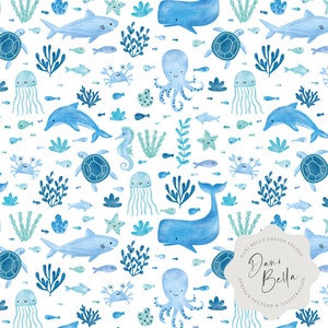 Sea Life Seamless Pattern, Ocean Animals Repeat Pattern, Under the Sea ...