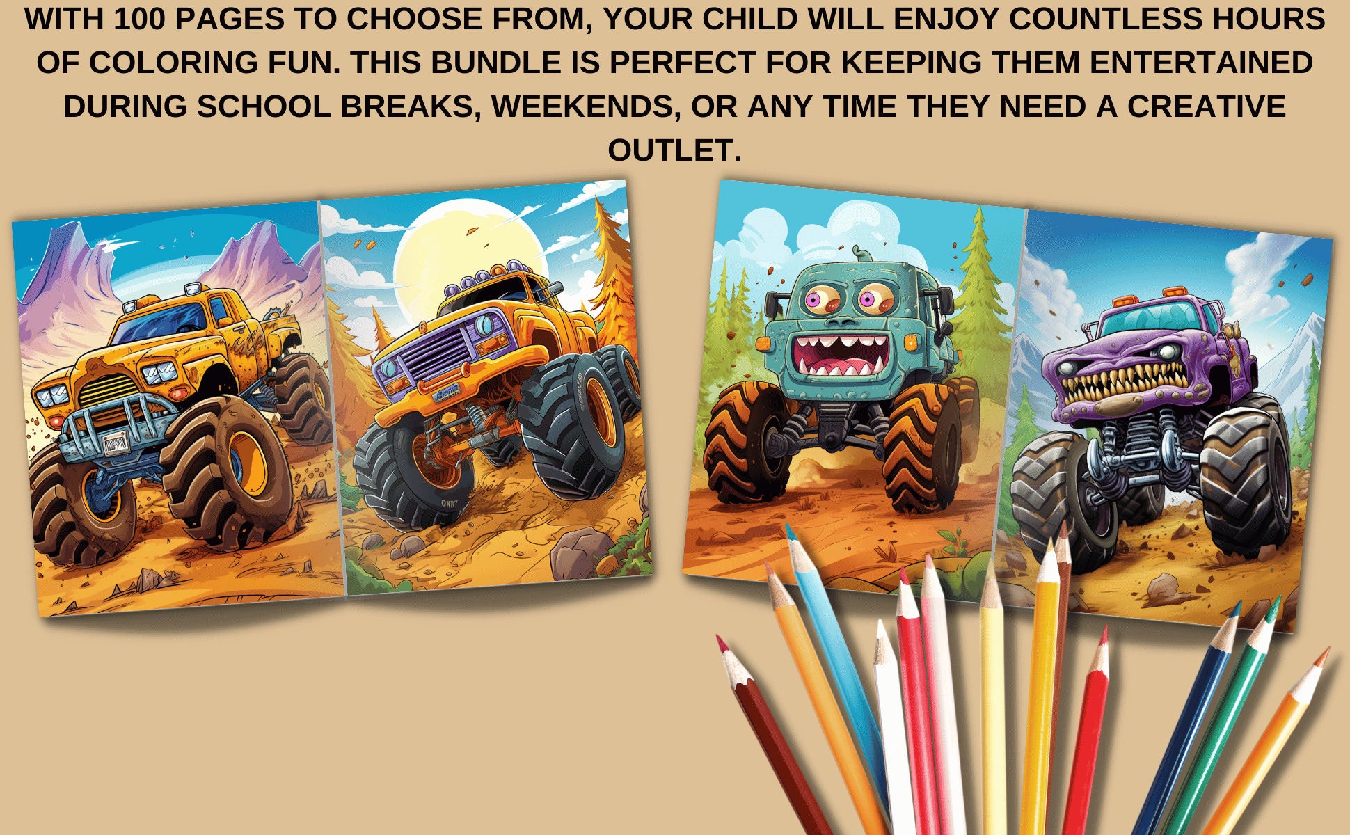 Monster Truck Coloring Book: 100 Printable Pages (digital Download) - Etsy