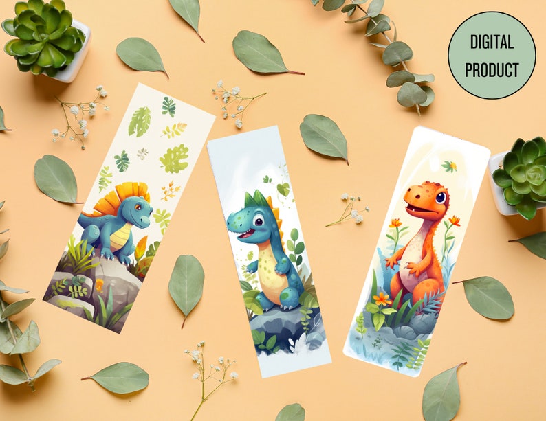 Set of 4 Cute Dinosaur Digital Bookmarks | Instant Download | Printable ...