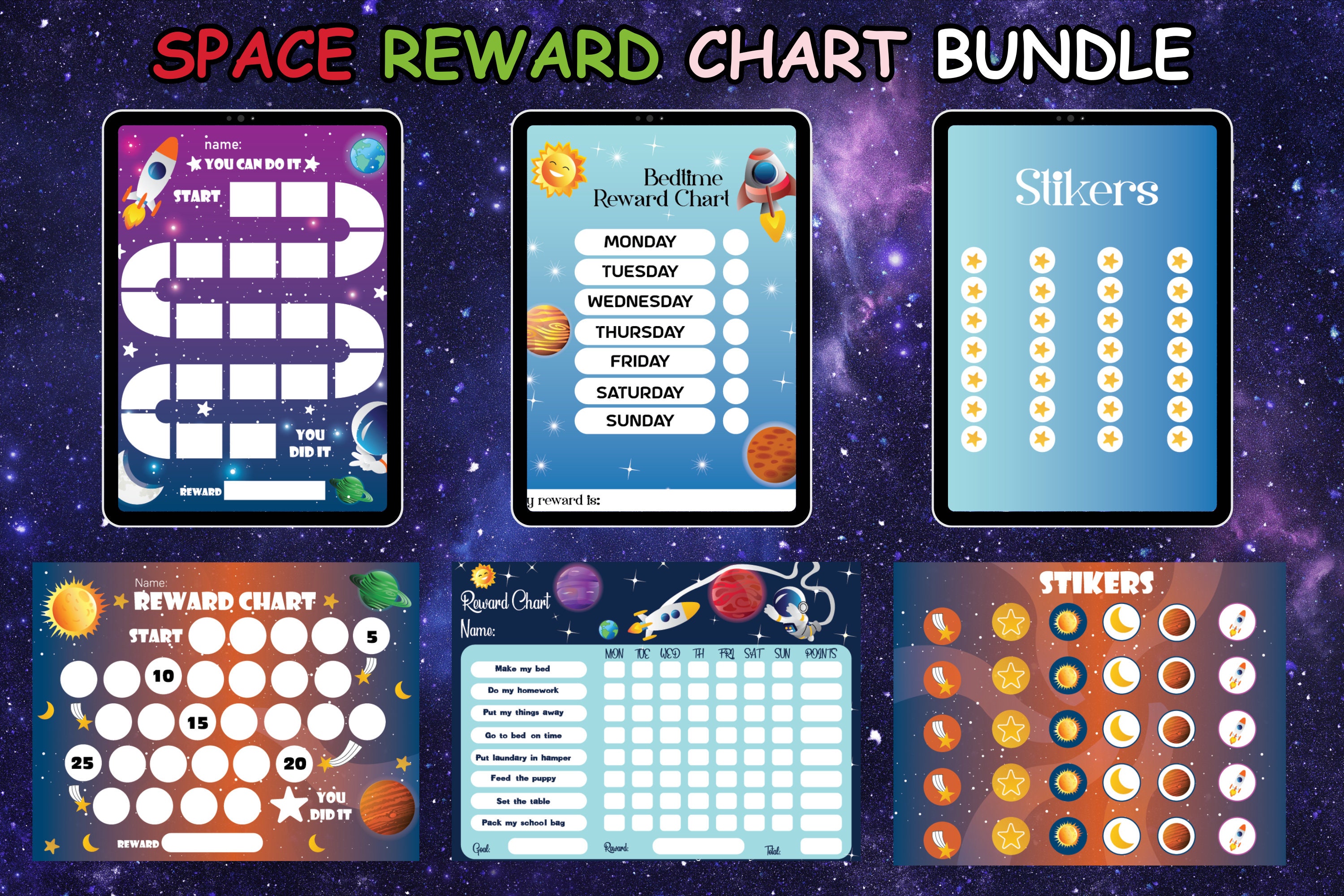 Space Themed Reward Chart Bundle 6 Printable Kids Behavior & Chore ...